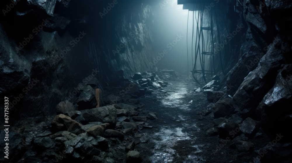 inside of the mine tunnel. Gold mine underground ore tunnel with rails ...