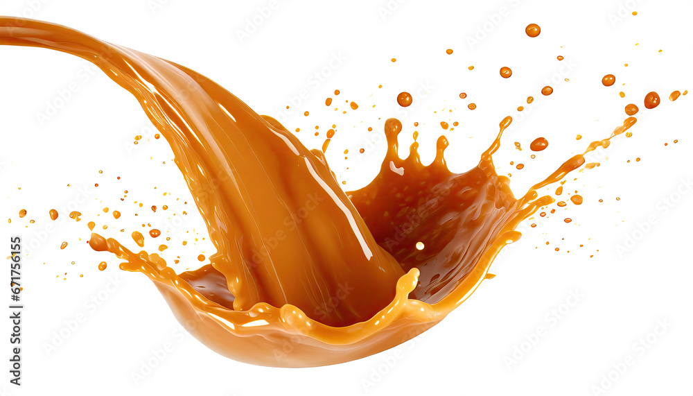 a caramel splash, sweet liquid candy swirls, waves splashing with ...