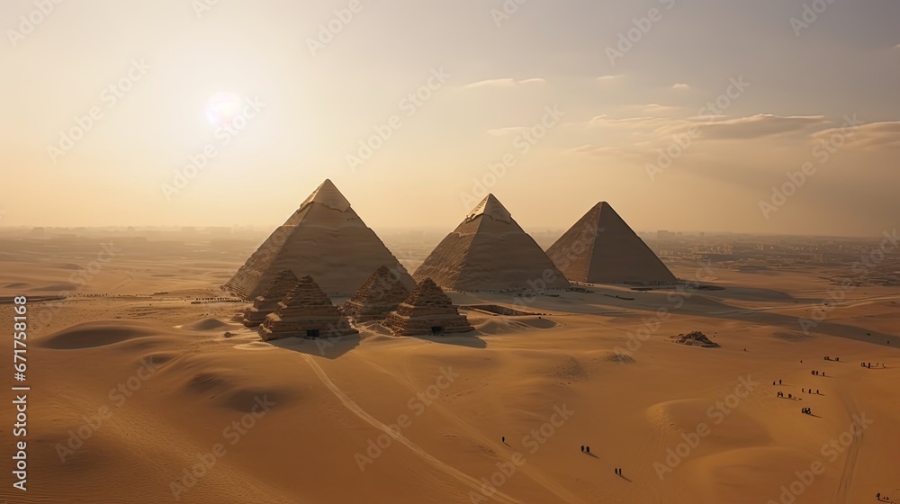 Egyptian pyramids vibrant sunset, casting long shadows golden desert ...