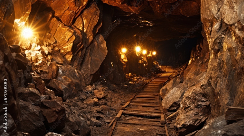 inside of the mine tunnel. Gold mine underground ore tunnel with rails ...