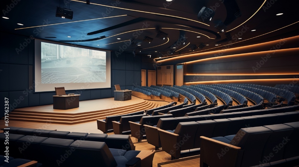 A modern lecture hall, rife with the latest technology, featuring an ...