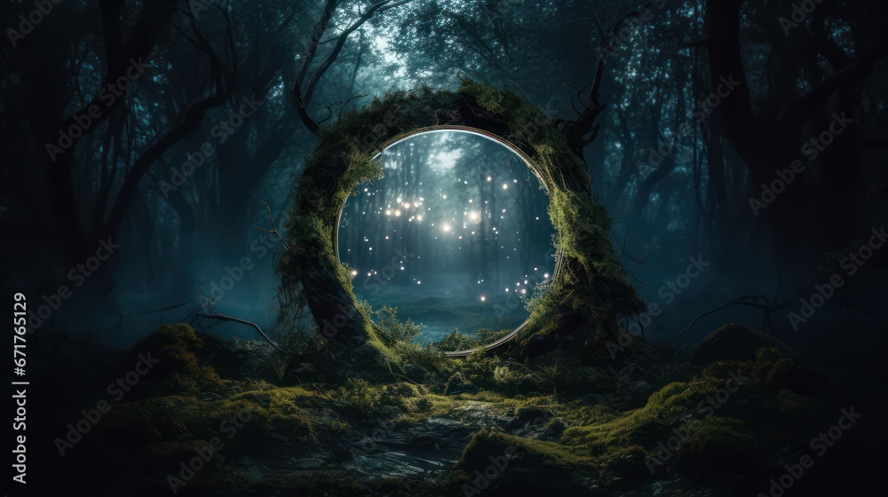 Dark mysterious forest with a magical magic mirror, a portal to another ...