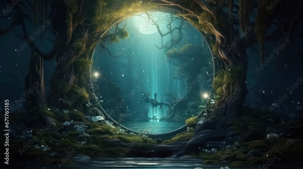 Dark mysterious forest with a magical magic mirror, a portal to another ...