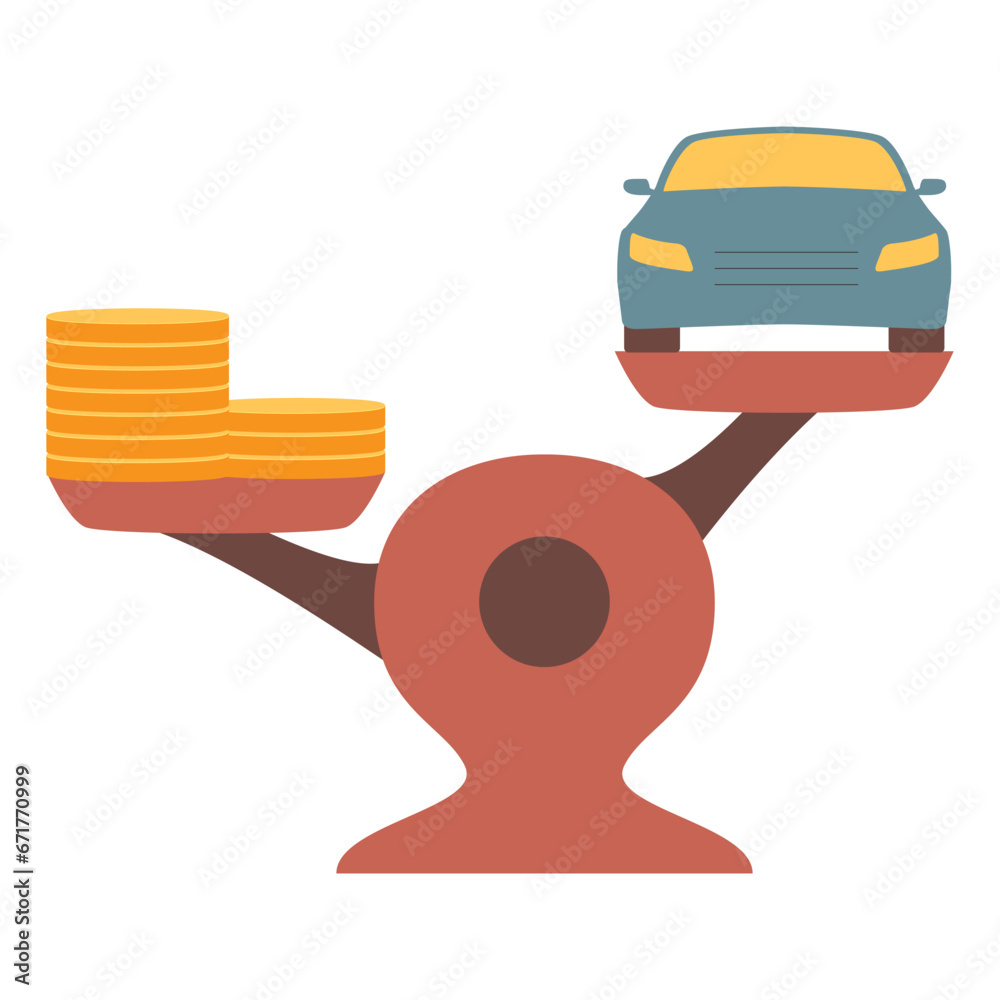 Investment in car.Scales with car and gold coins.Financial scales with ...