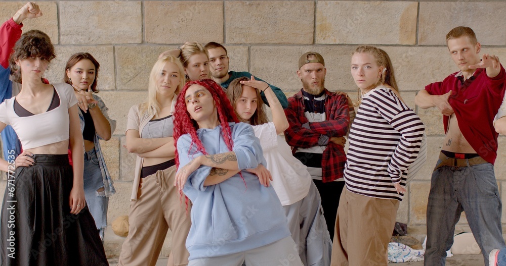 Portraits Youth dance group poses for group photo. United people ...