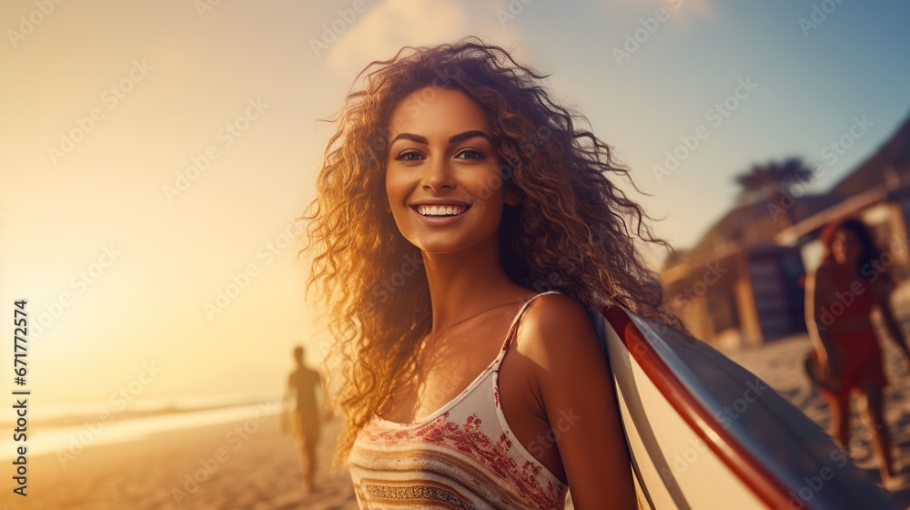Beautiful women holding surfboard on beach. AI generated image Stock ...