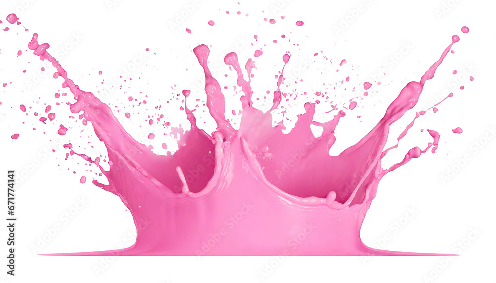 pink paint splashes, falling or melting with drops and droplets, side ...