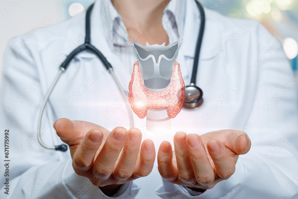 Concepts of support and treatment of a patient thyroid disease. Stock ...