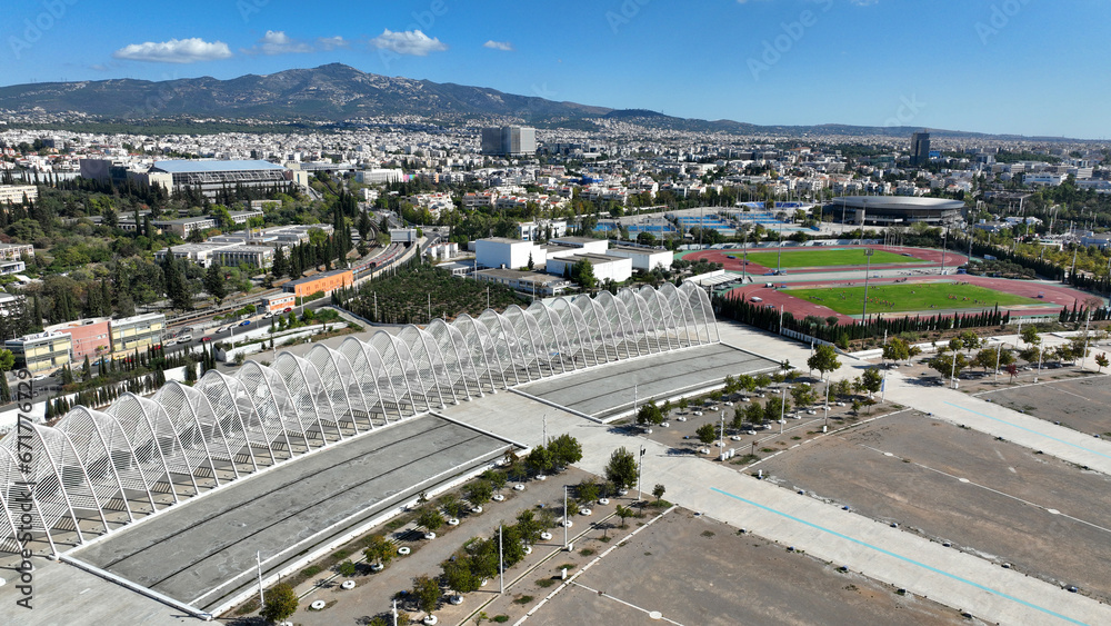 Aerial drone panoramic view of sports facilities of OAKA and Olympic ...