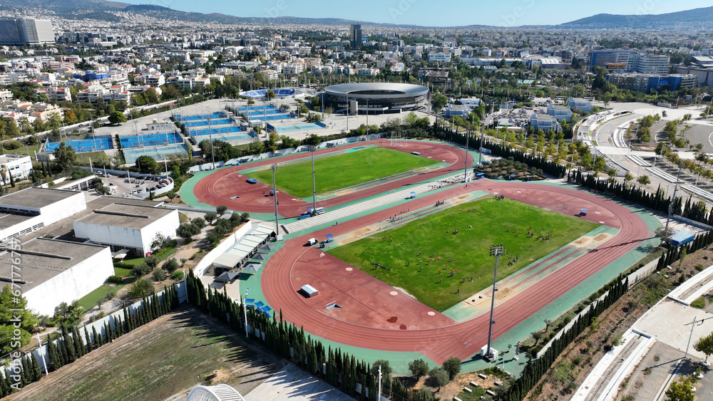 Aerial drone panoramic view of sports facilities of OAKA and Olympic ...
