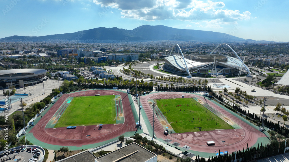 Aerial drone panoramic view of sports facilities of OAKA and Olympic ...