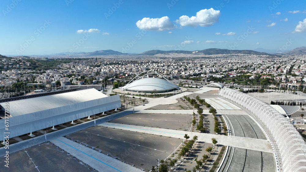Aerial drone panoramic view of sports facilities of OAKA and Olympic ...