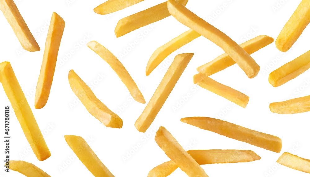 Falling French fries, potato fry isolated on transparent background ...