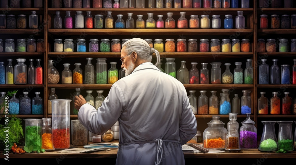 Scientist in white lab coat measures and mixes ingredients in a ...