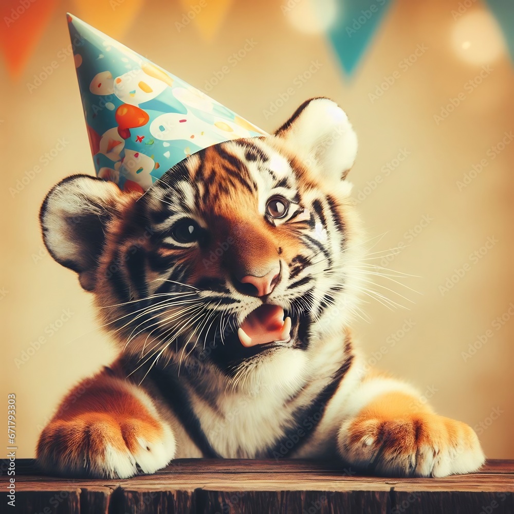 Baby tiger cub with a party hat, joyous happy birthday card Stock ...