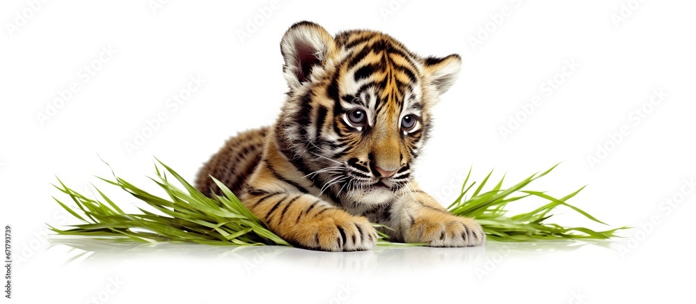 cute tiger cub relaxing on the grass on a white background Stock Photo ...