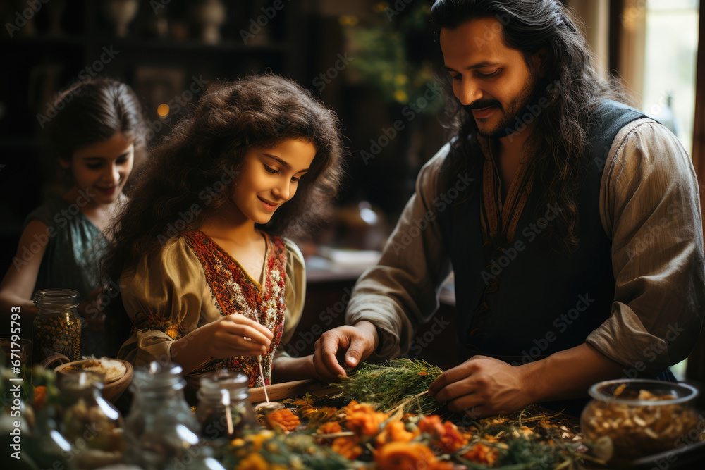 A family in Iran preparing a traditional Haft-Seen table for Nowruz ...