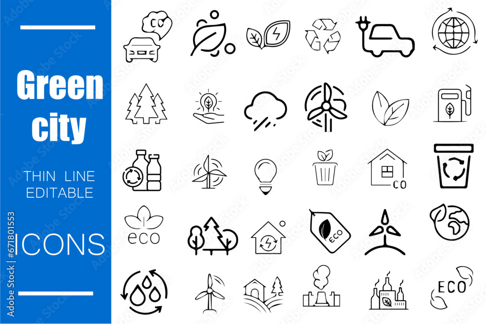 Green City Line Editable Icons set. Vector illustration in modern thin ...