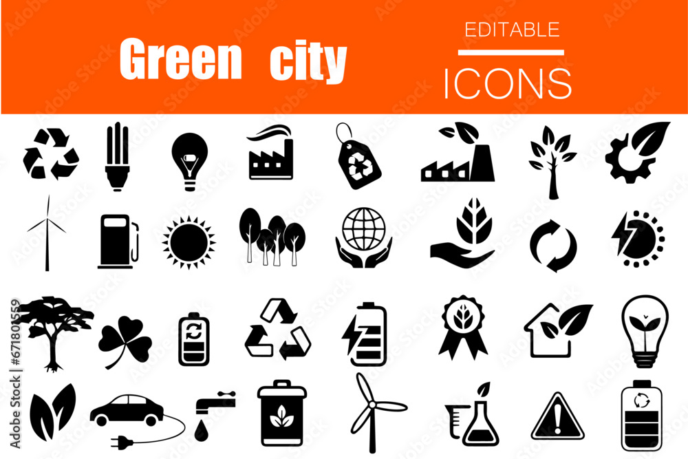 Green City Editable Icons set. Vector illustration in modern style of ...