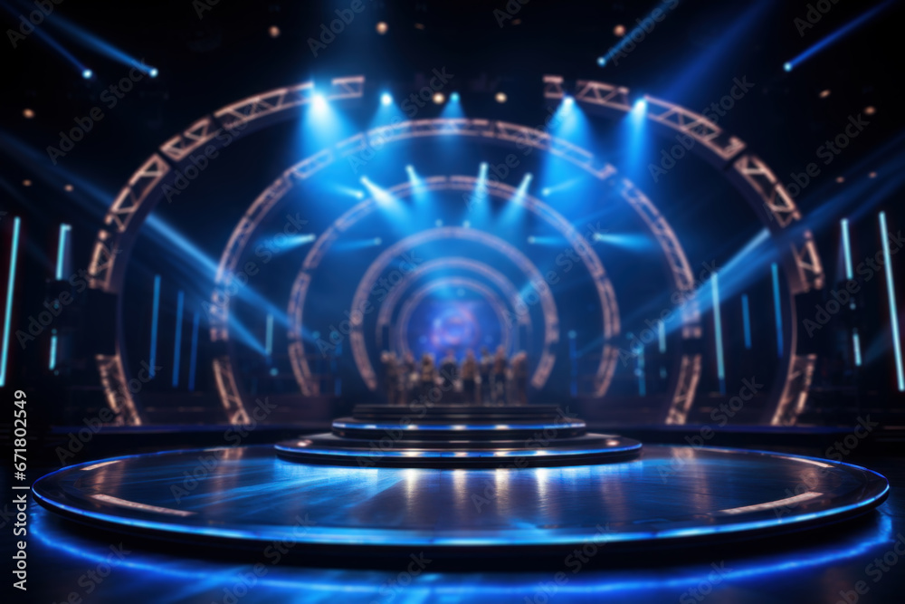 Stage production set with a circular light truss in a live venue ...