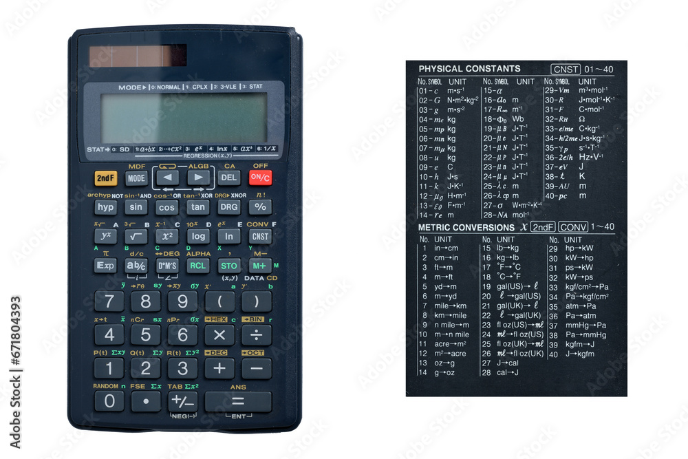 Top view of scientific calculator with table of physical constants and ...