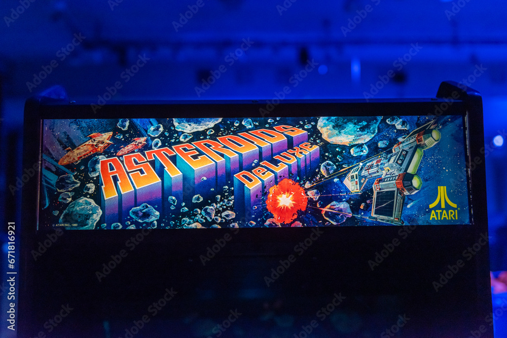 Blackpool, uk, 01.01.2023 A vintage retro asteroids arcade game signage on an old arcade game ...