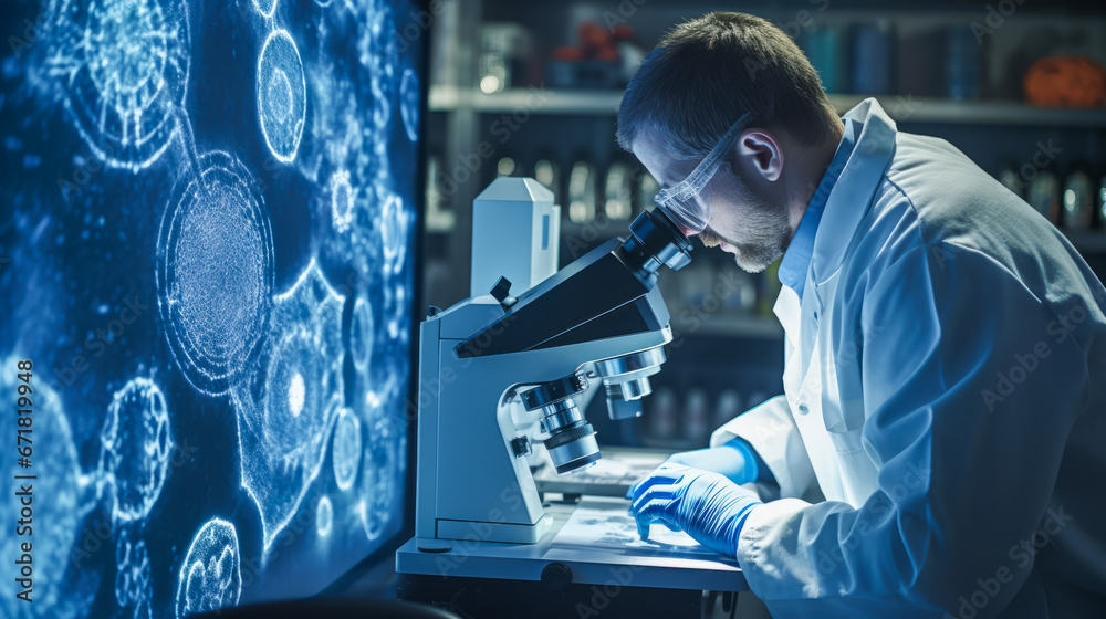 Scientist studying bacteria through microscope with holograms. Stock ...