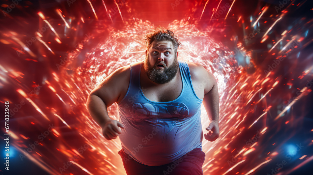 Obese man running with visualized healthy heart and blood flow Stock ...