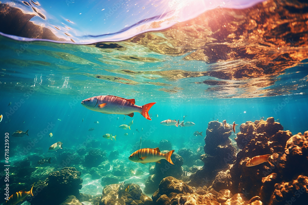 beautiful underwater scenery with various types of fish and coral reefs ...