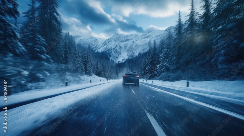 a car speeding down a snowy road, surrounded by a breathtaking winter ...