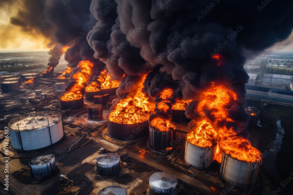 Fuel tanks burning on oil refinery plant, massive fire Stock Photo ...