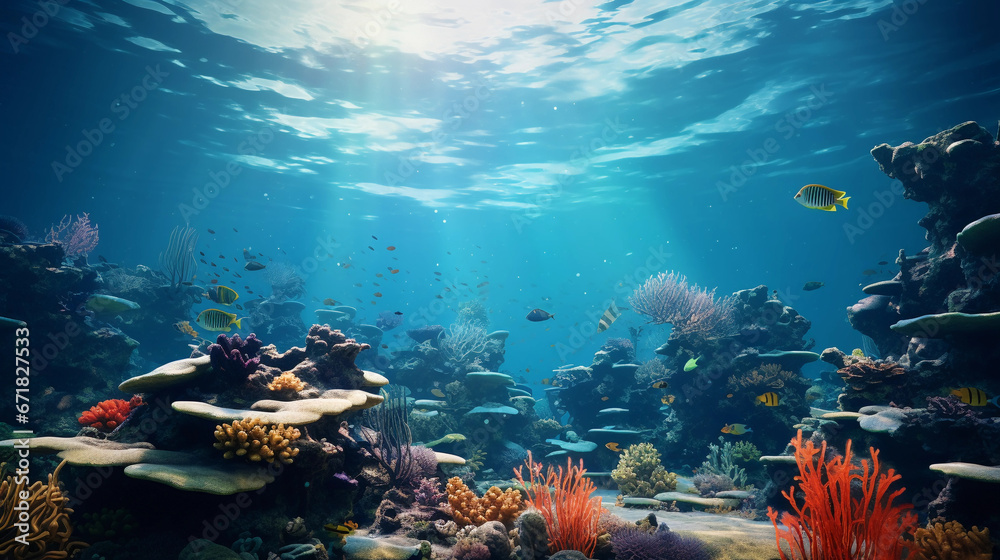 An immersive underwater scene featuring photorealistic Damselfish, in a ...