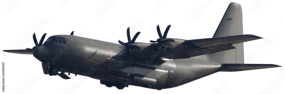 Shot of four-engine military turboprop cargo aircraft in action ...