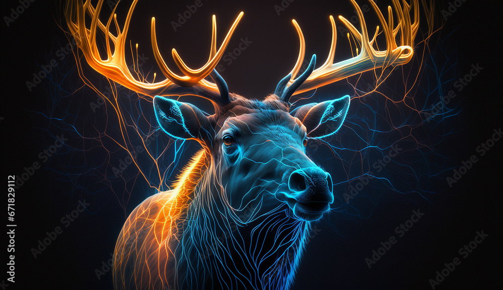 AI Generated Face of elk with long antlers neon illustration Stock ...