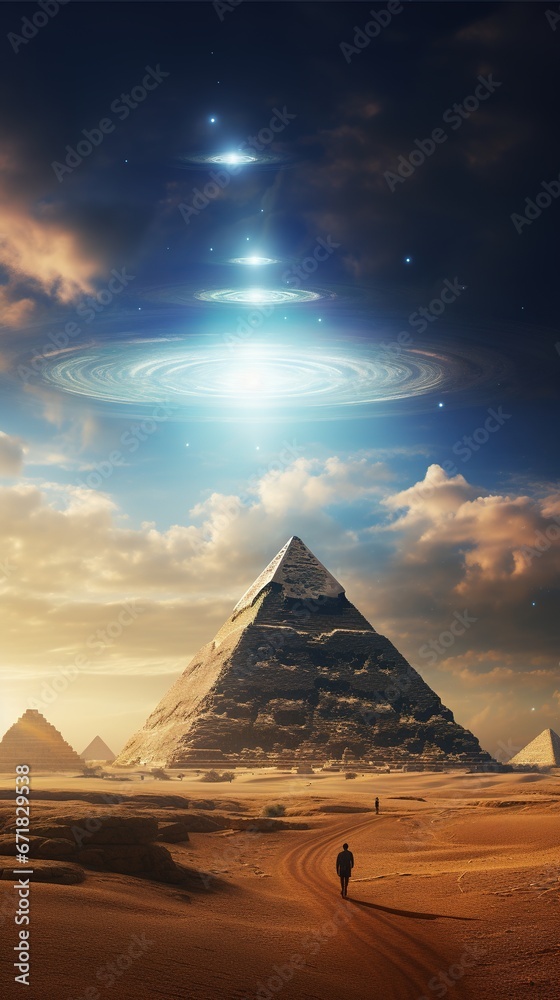 Giant pyramids of Egypt, with a massive hovering spaceship UFO casting ...