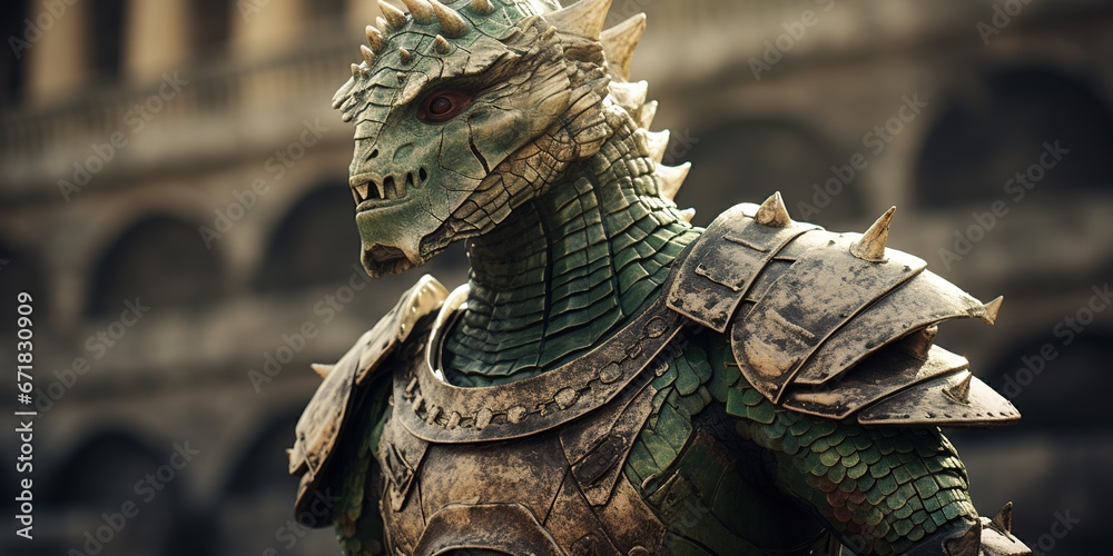 Portrait of a reptilian alien, green and scaly, with a crest of spikes ...