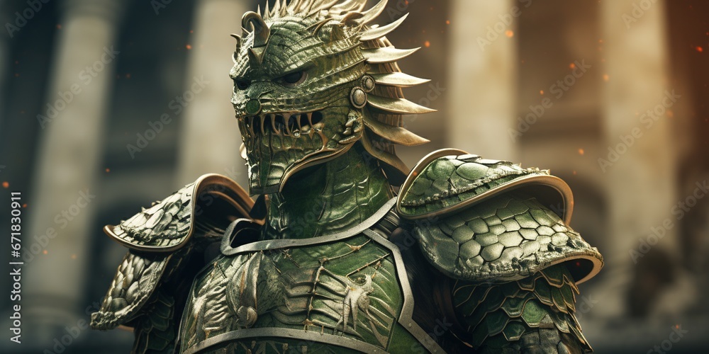 Portrait of a reptilian alien, green and scaly, with a crest of spikes ...