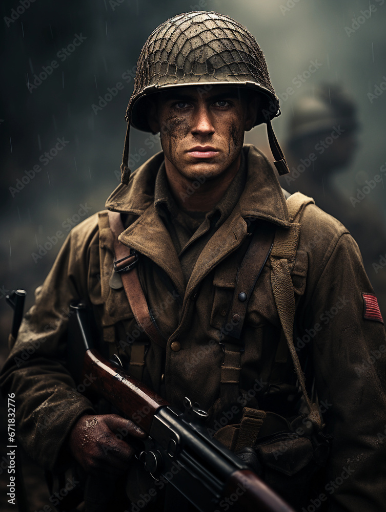 American World War II soldier, standing in a muddy trench, holding a M1 ...