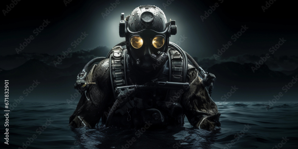 modern U.S. Navy SEAL in wetsuit and tactical gear, emerging from the ...