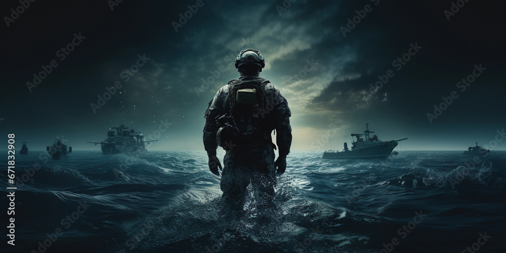 modern U.S. Navy SEAL in wetsuit and tactical gear, emerging from the ...