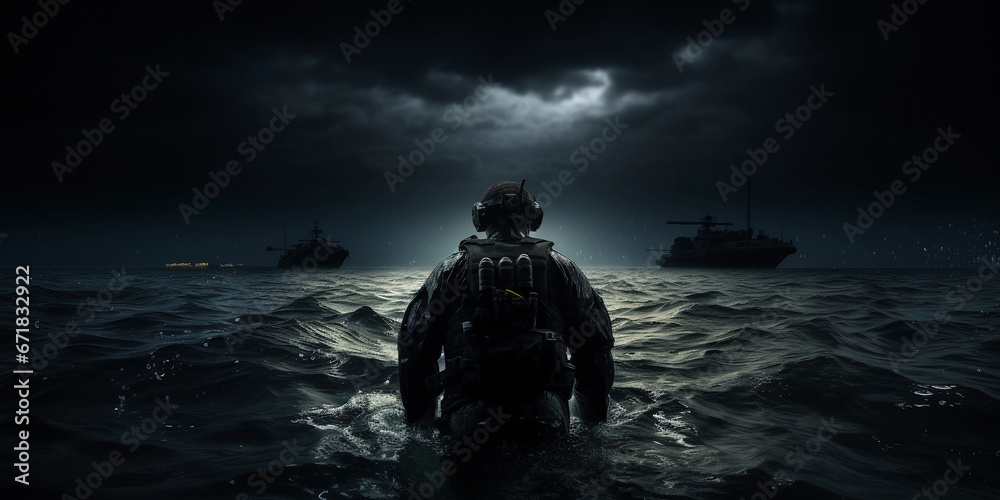 modern U.S. Navy SEAL in wetsuit and tactical gear, emerging from the ...