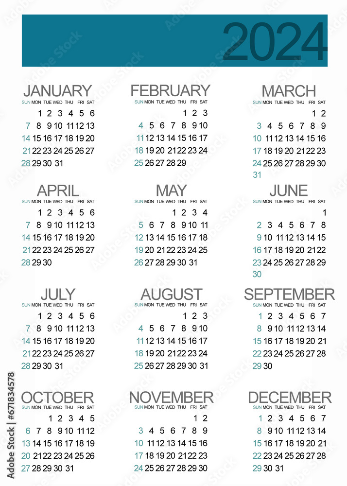 Simple 2024 calendar in light blue and white background. Week starts on ...