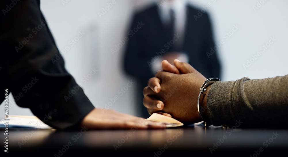 Interrogation, legal and crime with hands of people in prison for law ...