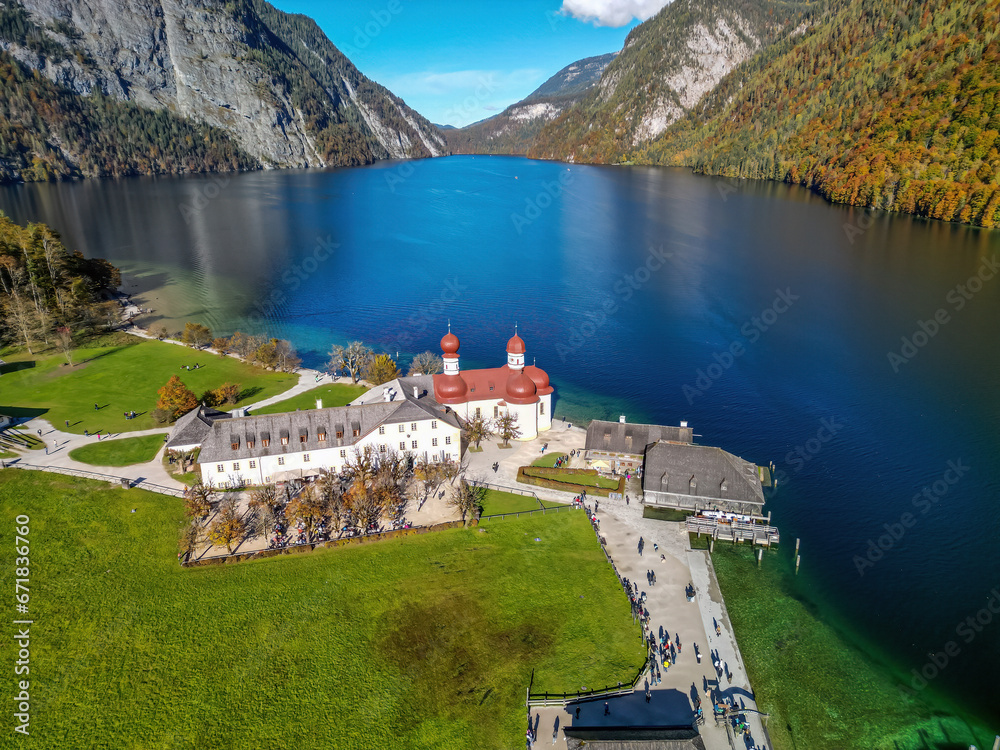 aerial panoramic view of lake konigssee with sankt bartholomae ...