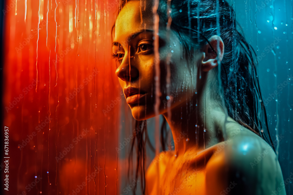 Beautiful woman in the shower behind glass with drops. Stock Photo ...