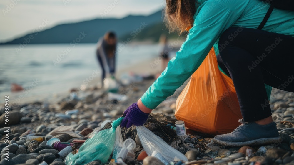 Foto de Person in gloves using long grabber tool to collect rubbish on ...