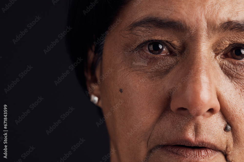 Old woman, face and mental health, crying with depression and crisis ...