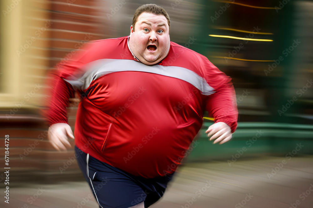 Obese man running alone with motion blur speed effect. Stock Photo ...