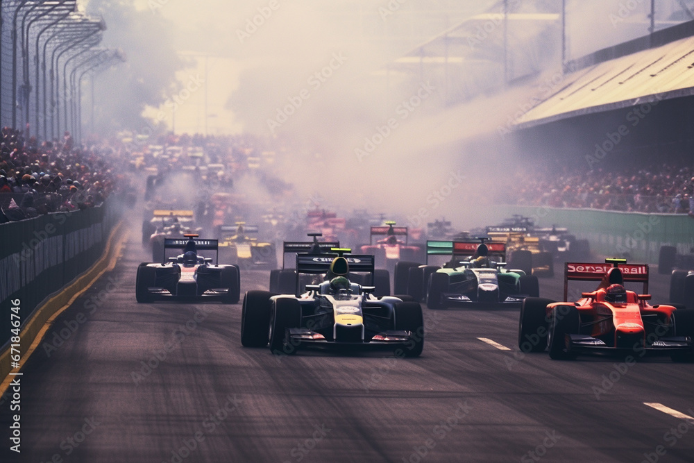 F1 car race, with multiple cars lined up on the grid, generative ai ...