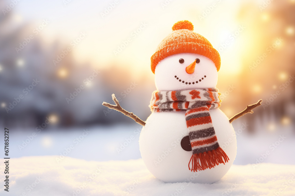 cute snowman standing on snowy ground lit up by sunlight in the ...